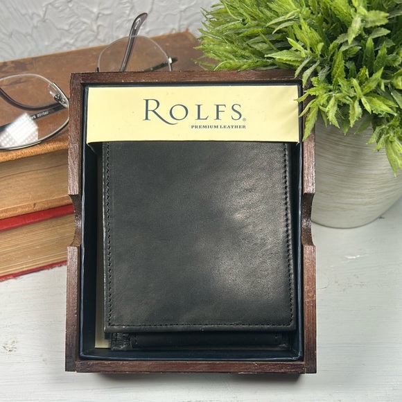 Rolfs | Accessories | Rolfs Premium Black Leather Wallet Nwt Wood Boxed ...